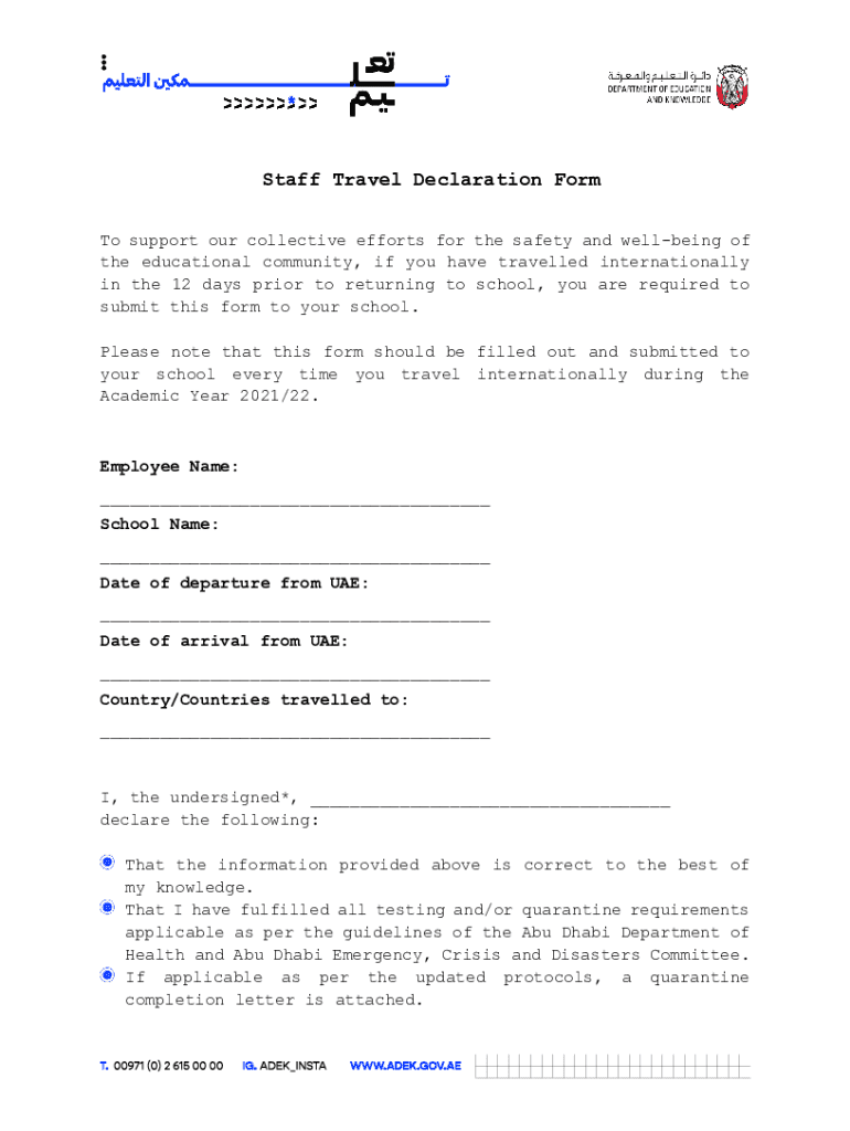 Fillable Online Staff Travel Declaration Form - Abu Dhabi - gisad Fax Email Print - pdfFiller