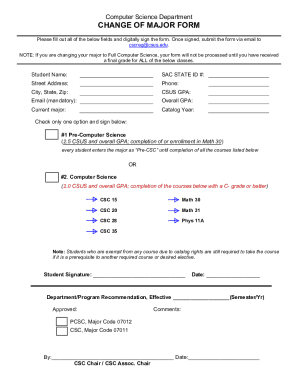 Fillable Online Computer Science Department - CHANGE OF MAJOR FORM Fax ...