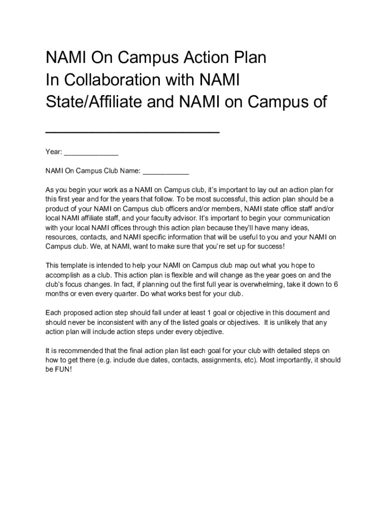Fillable Online NAMI On Campus Action Plan In Collaboration with ...