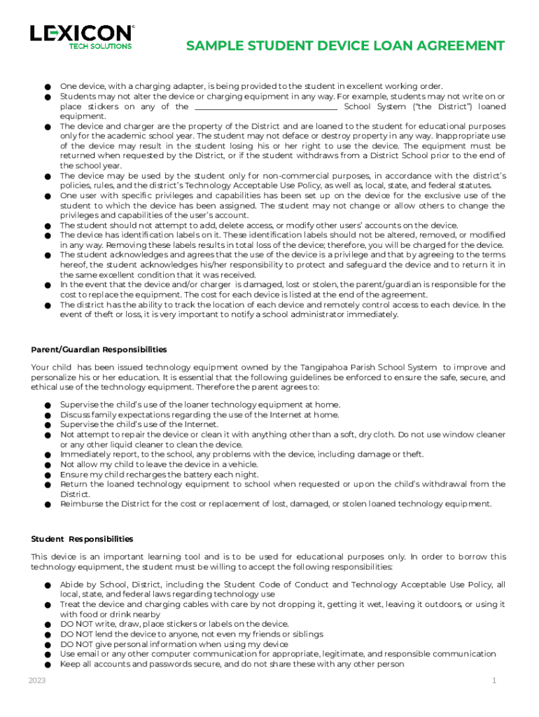 Student Chromebook Loan Agreement Doc Template | pdfFiller