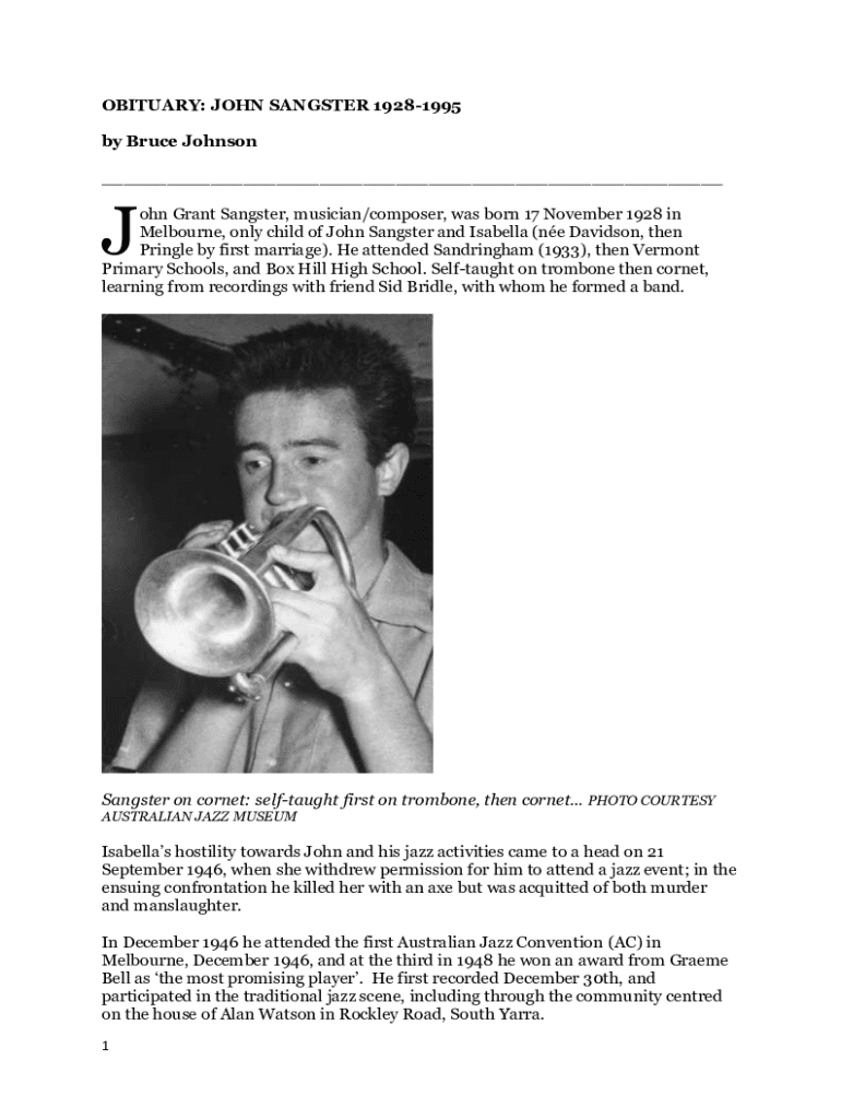 Fillable Online Biography - John Grant (Johnny) Sangster Fax Email Print - pdfFiller