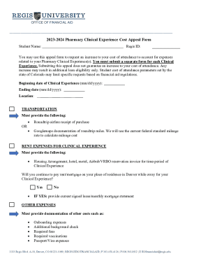 Fillable Online 2023-2024 Pharmacy Clinical Experience Cost Appeal Form ...
