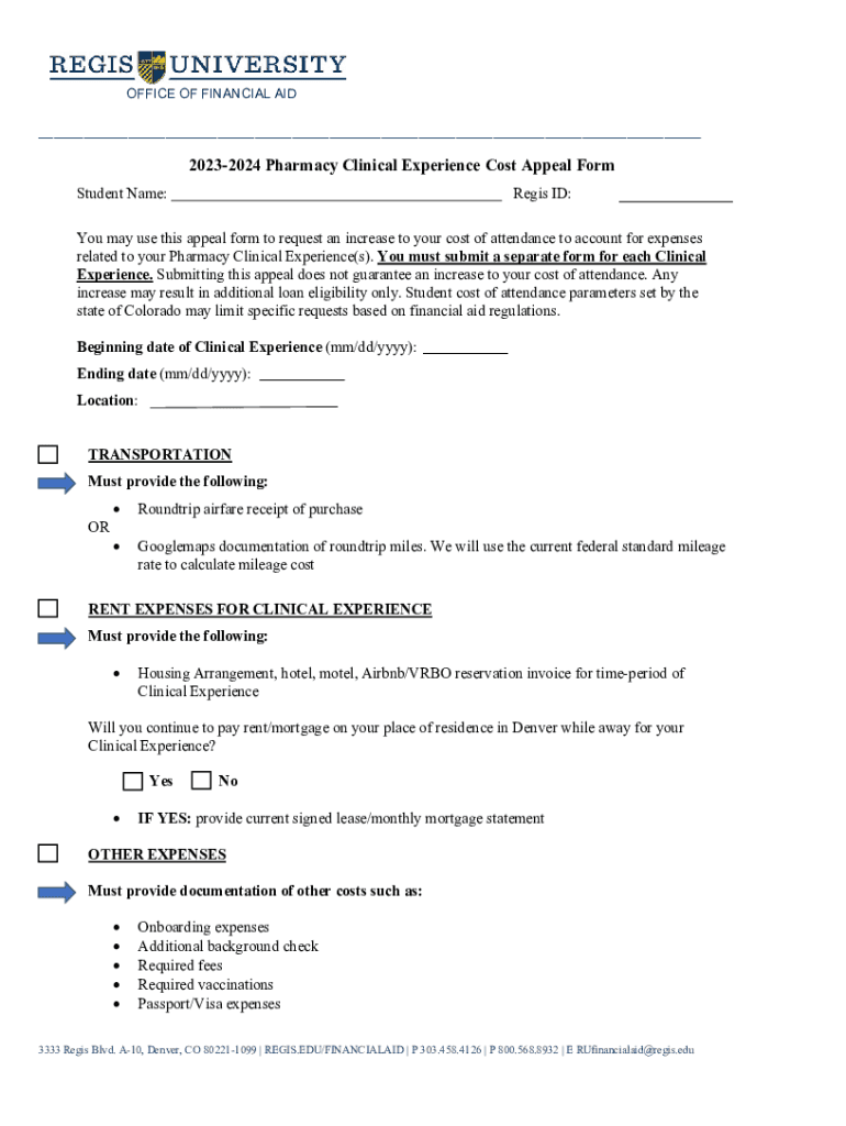 Fillable Online 2023-2024 Pharmacy Clinical Experience Cost Appeal Form ...