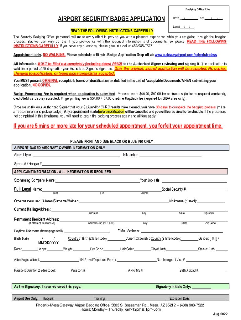 Fillable Online Security & BadgingPhoenix Sky Harbor International ...