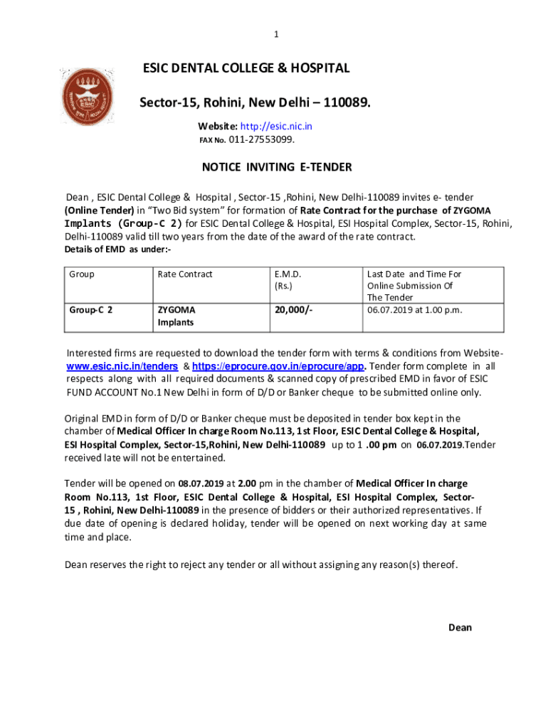 Fillable Online ESIC DENTAL COLLEGE & HOSPITAL Sector-15, Rohini ...