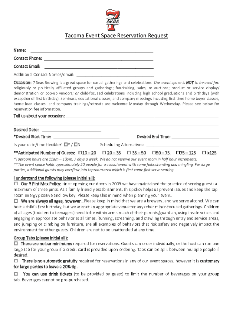 Fillable Online Tacoma Event Space Reservation Request Fax Email Print ...
