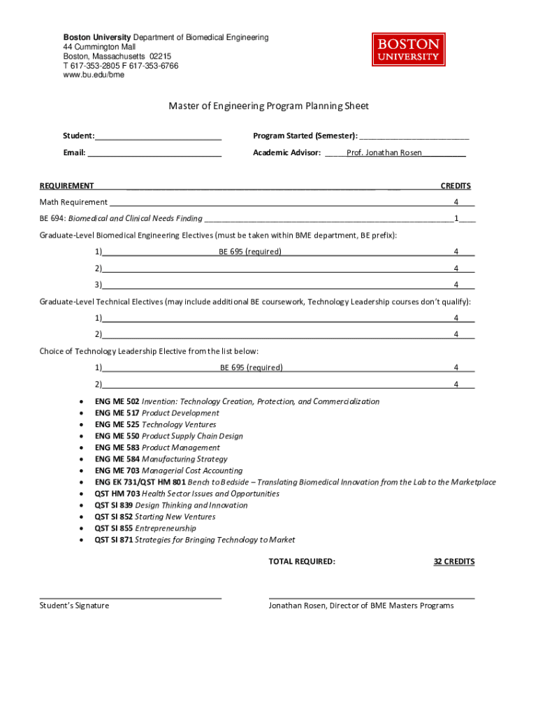 Fillable Online BME Program Planning SheetsCollege of Engineering Fax Email Print - pdfFiller