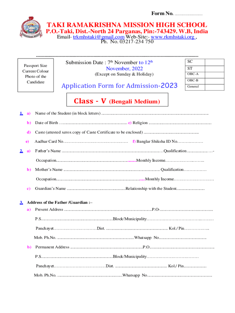Fillable Online TAKI RAMAKRISHNA MISSION HIGH SCHOOL Application Form ...