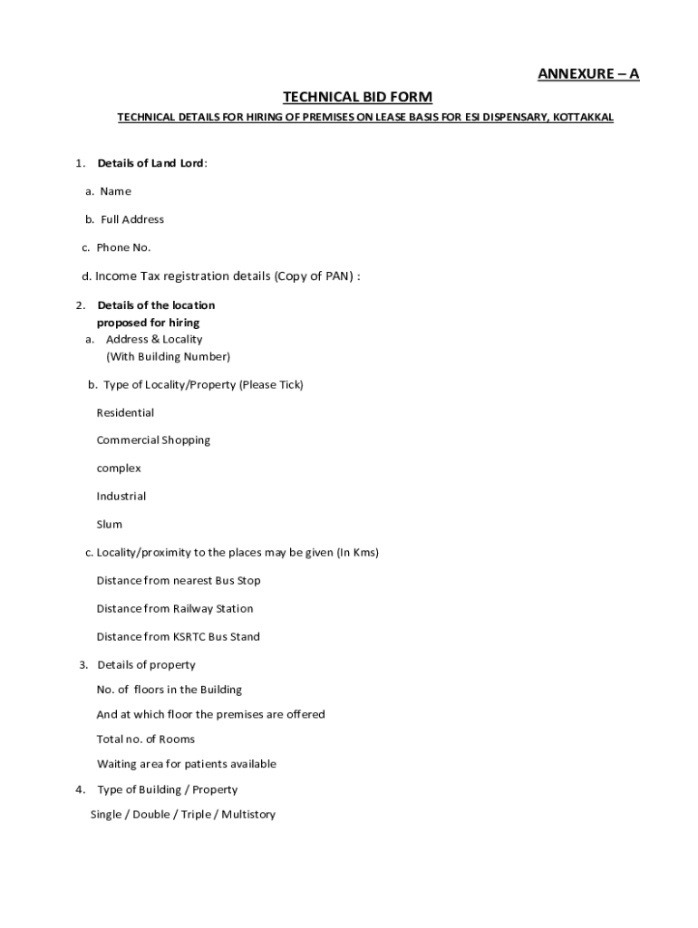 Fillable Online ANNEXURE A TECHNICAL BID FORM. 1. Details of Land Lord ...