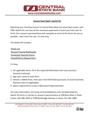 Fillable Online Central State Bank's Switch Kit Switching your checking ...
