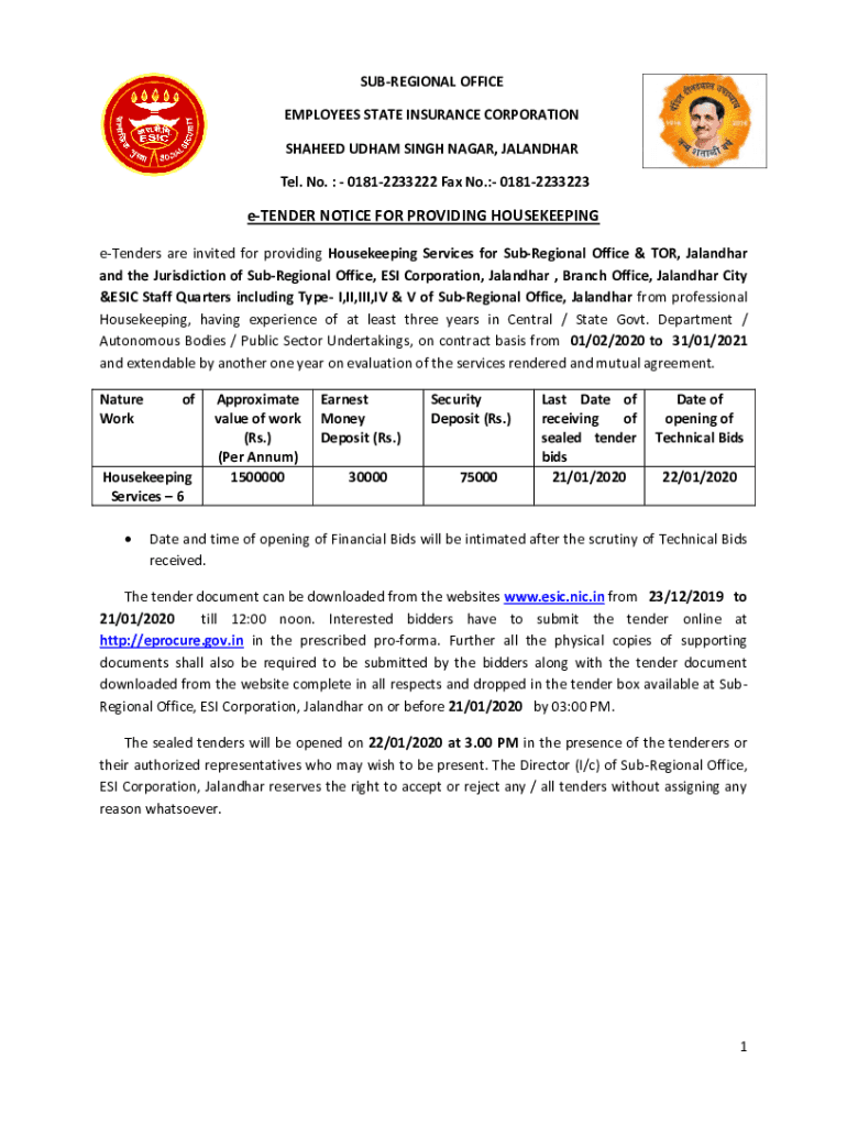 Fillable Online e-TENDER NOTICE FOR PROVIDING HOUSEKEEPING Fax Email ...