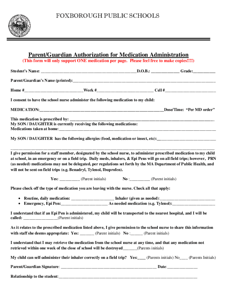 Fillable Online Parent/Guardian Authorization for Medication ...