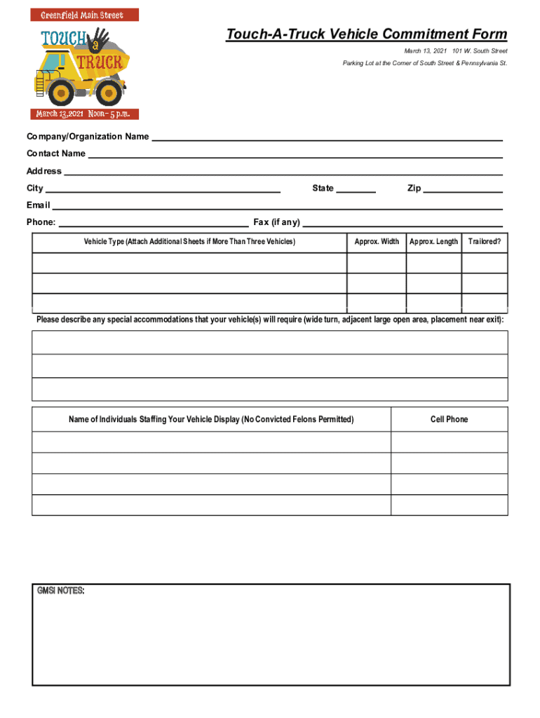 Fillable Online Touch-A-Truck Vehicle Commitment Form Fax Email Print ...
