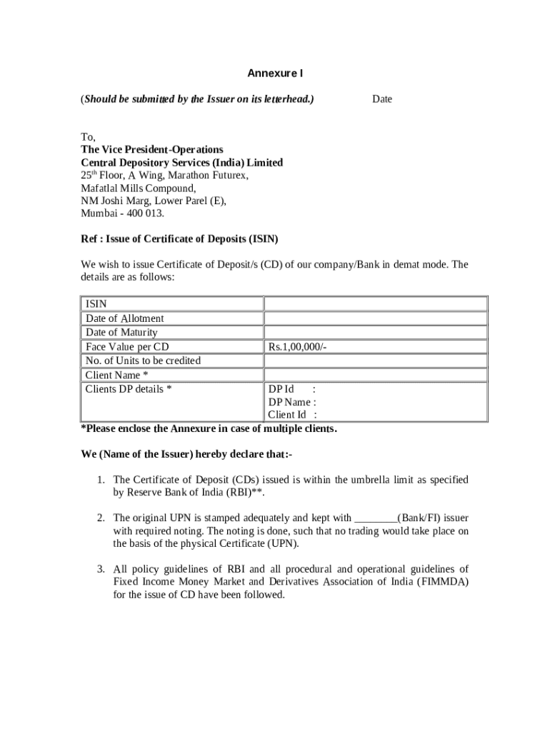 Issue of Certificate of Deposits (ISIN) - Annexure I Doc Template ...