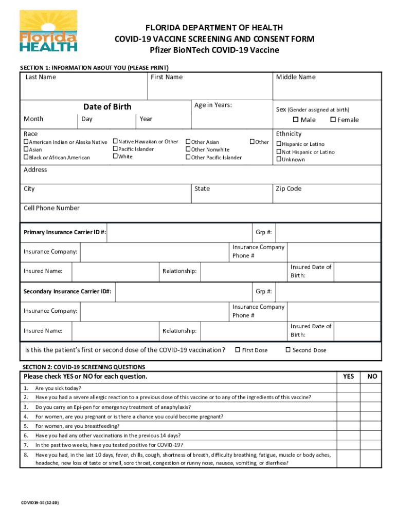 Fillable Online FLORIDA DEPARTMENT OF HEALTH COVID-19 VACCINE SCREENING ...
