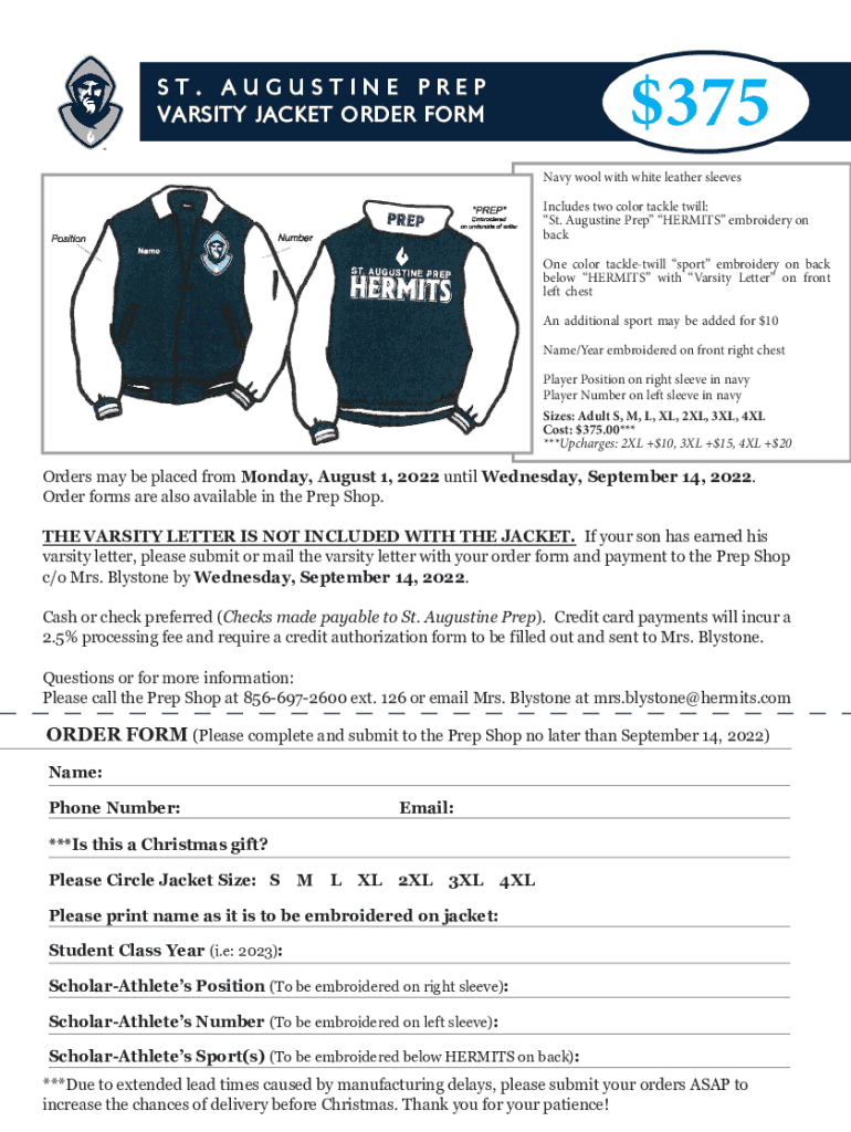 Fillable Online ST. AUGUSTINE PREP VARSITY JACKET ORDER FORM Fax Email Print - pdfFiller