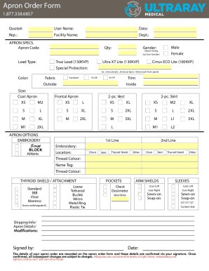 Fillable Online Apron Order Form Ultraray Medical Fax Email Print ...