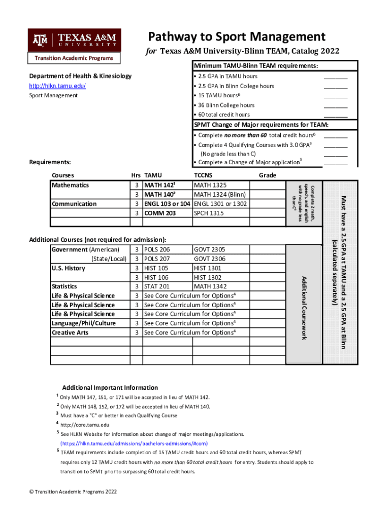 Fillable Online tap tamu Pathway to Sport Management Fax Email Print ...