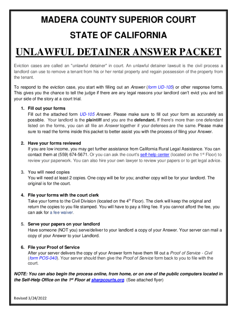 Fillable Online UNLAWFUL DETAINER ANSWER PACKET Madera County ... Fax ...