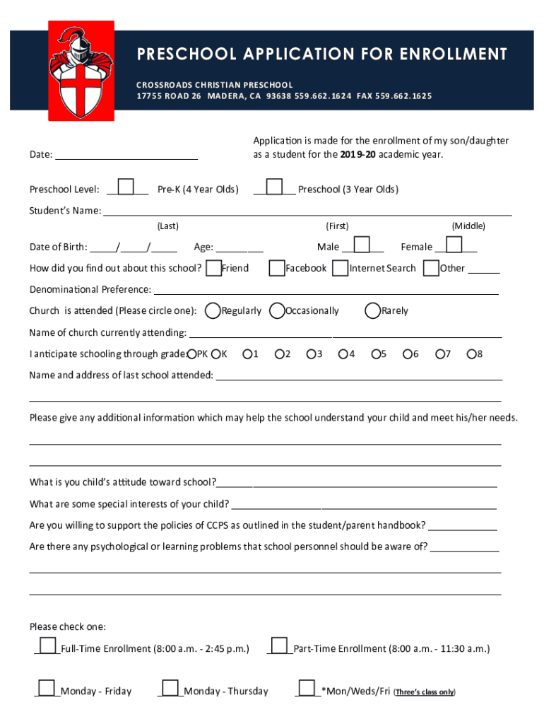 Fillable Online PRESCHOOL APPLICATION FOR ENROLLMENT - Crossroads ...