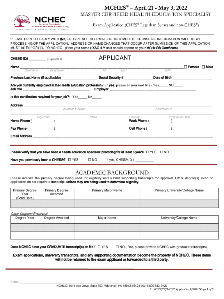 Fillable Online National Commission for Health Education Credentialing ...