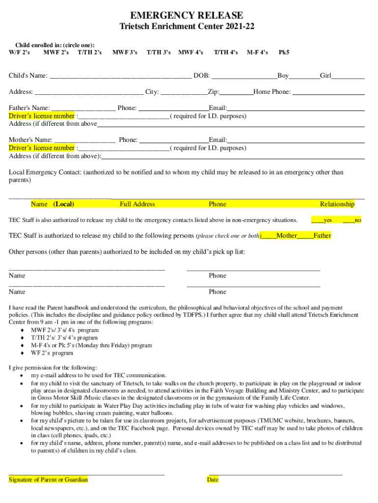 Fillable Online EMERGENCY RELEASE Fax Email Print - pdfFiller