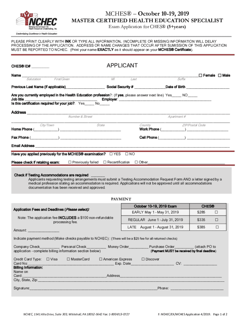 Fillable Online Exam Application for CHES (5+years) Fax Email Print ...