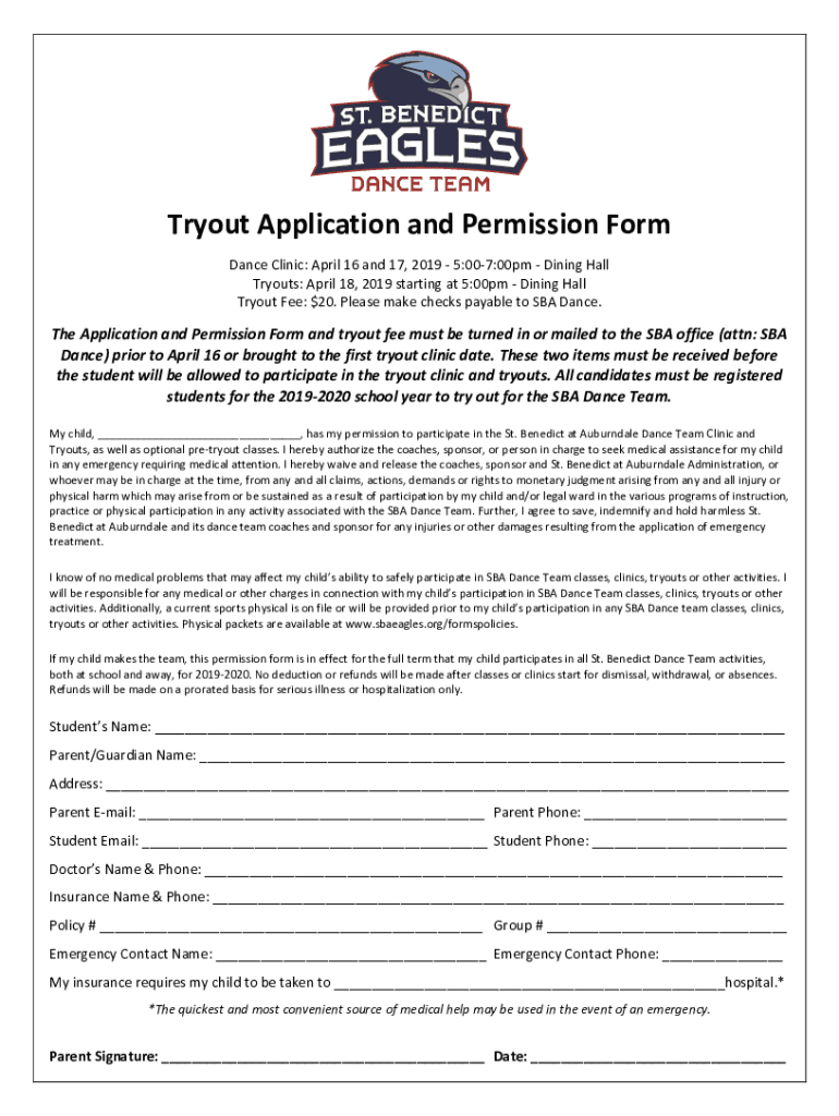 Fillable Online Tryout Application and Permission Form Fax Email Print ...