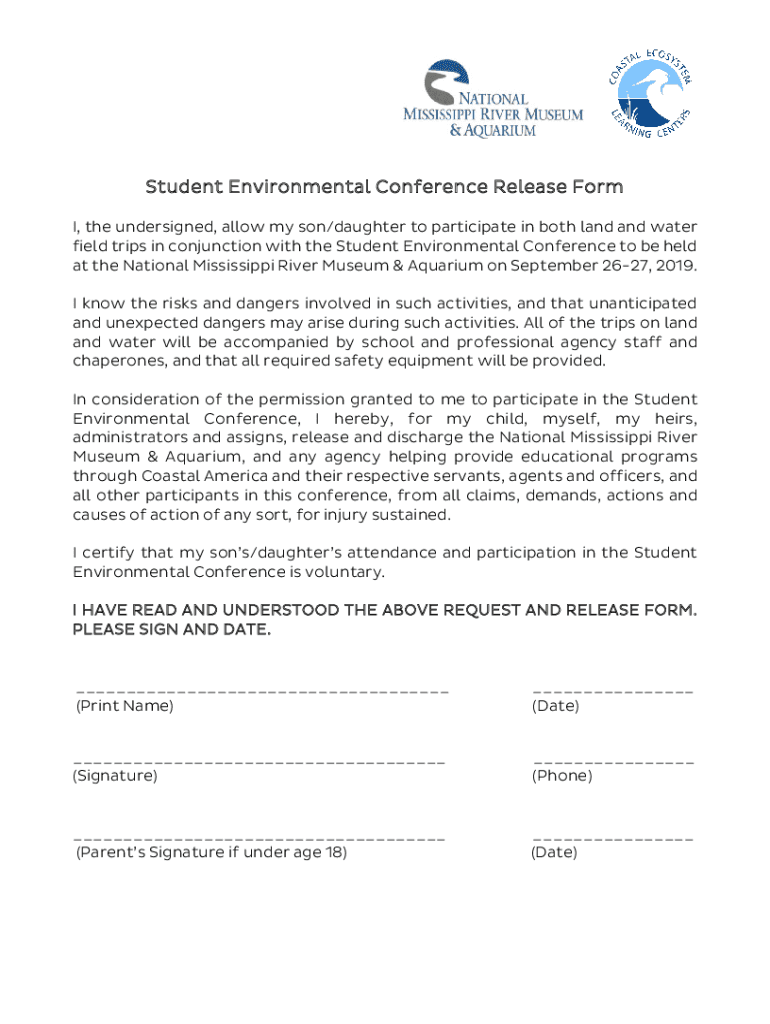 Fillable Online Student Environmental Conference Release Form Fax Email ...