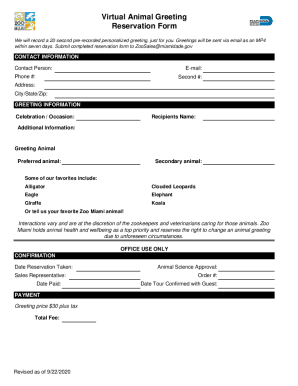 Fillable Online Virtual Animal Greeting Reservation Form Fax Email ...