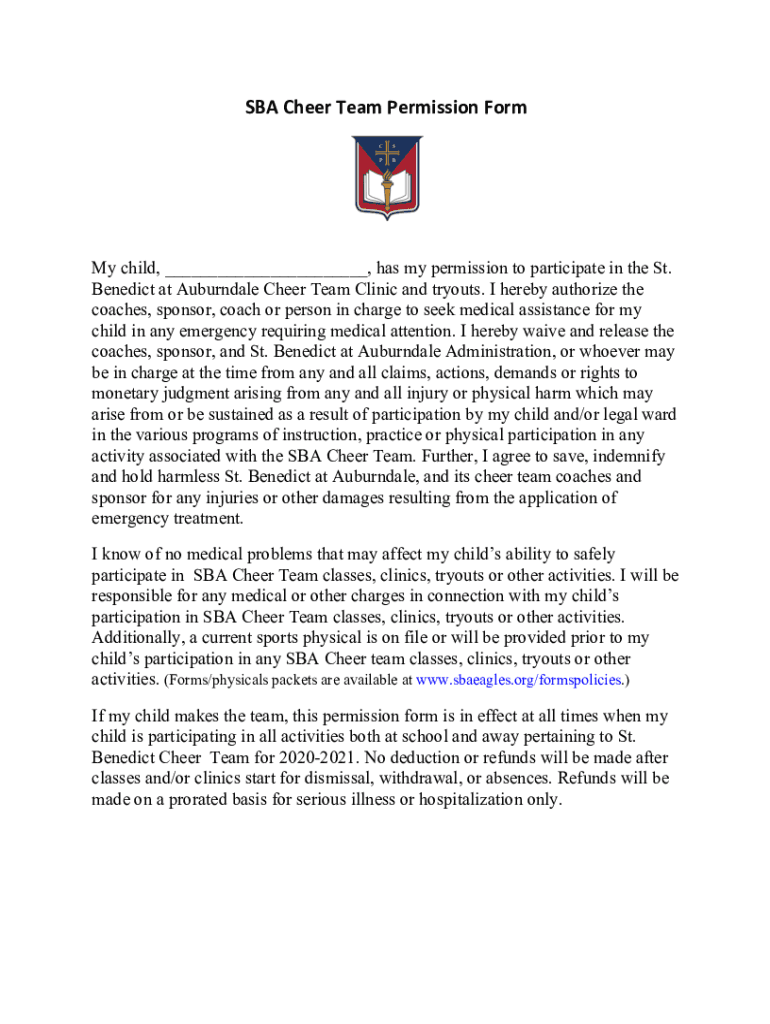 Fillable Online SBA Cheer Team Permission Form Fax Email Print - pdfFiller