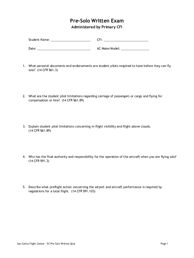 Fillable Online Aviation: Pre-Solo Written Exam Flashcards Fax Email ...