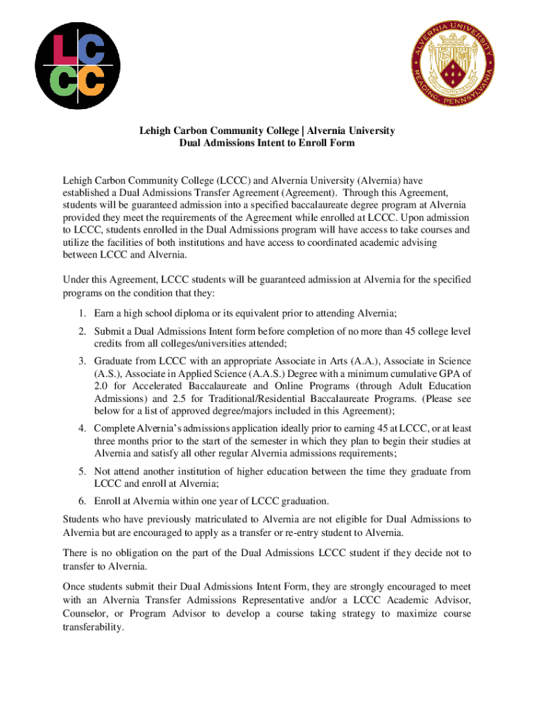 Fillable Online Alvernia University Dual Admissions Intent to Enroll Form Fax Email Print ...