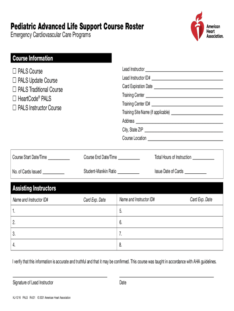 Fillable Online Pediatric Advanced Life Support (PALS) Certification ...