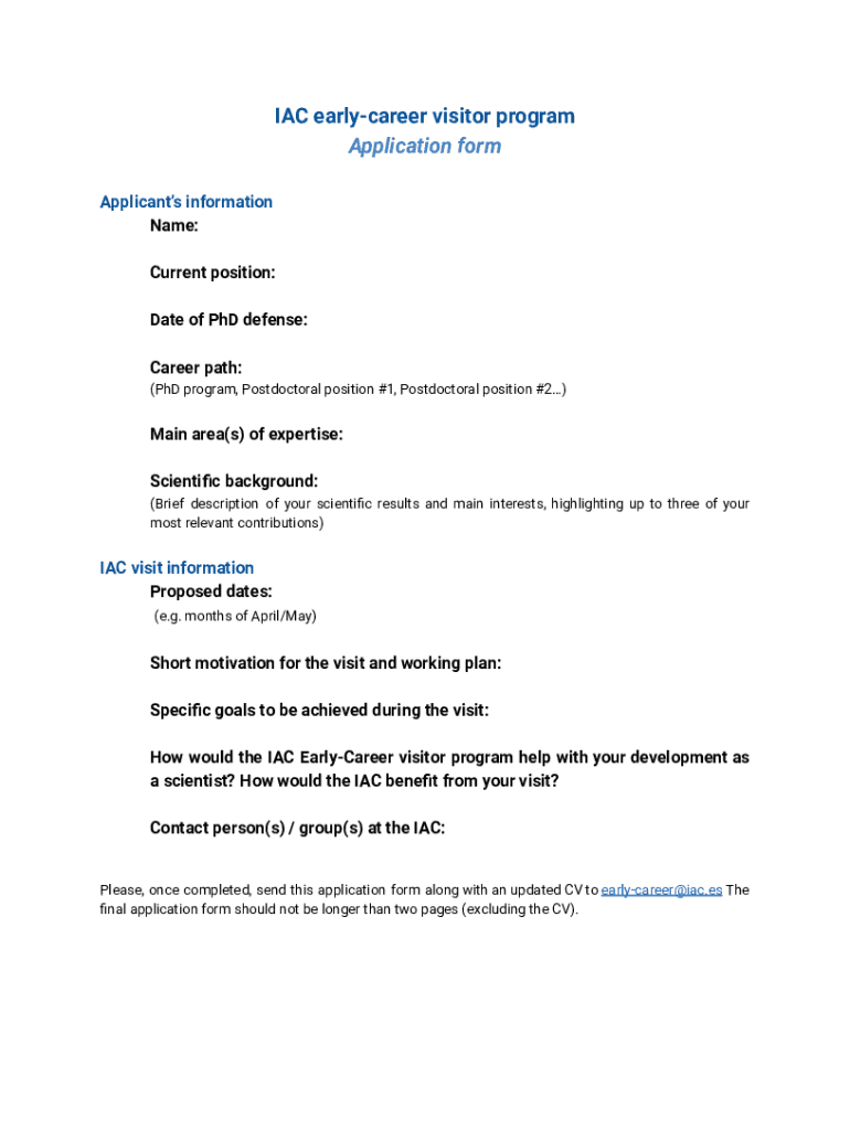 Fillable Online IAC early-career visitor program - Application Form Fax ...