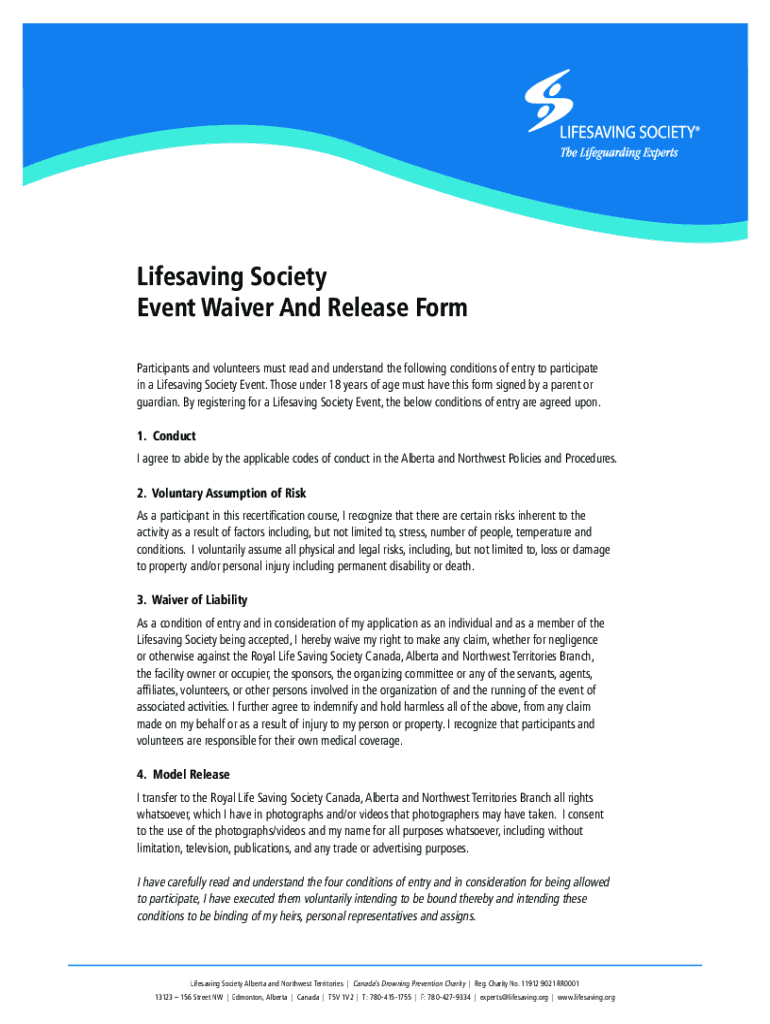 Fillable Online Lifesaving Society Event Waiver And Release Form Fax ...