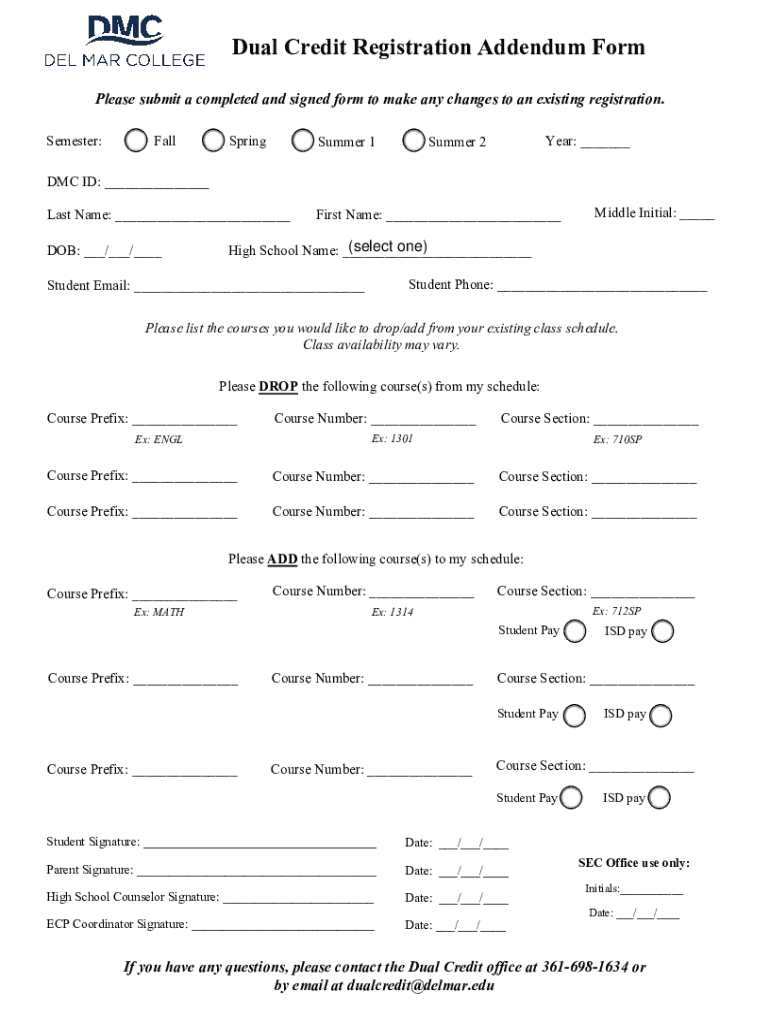 Fillable Online Dual Credit Registration Addendum Form Fax Email Print - pdfFiller
