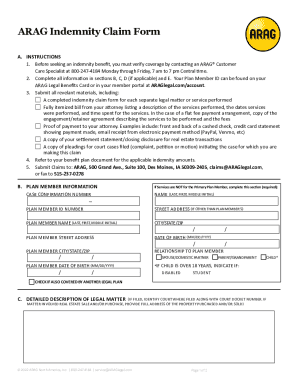 Fillable Online ARAG Indemnity Claim Form. ARAG Indemnity Claim Form ...