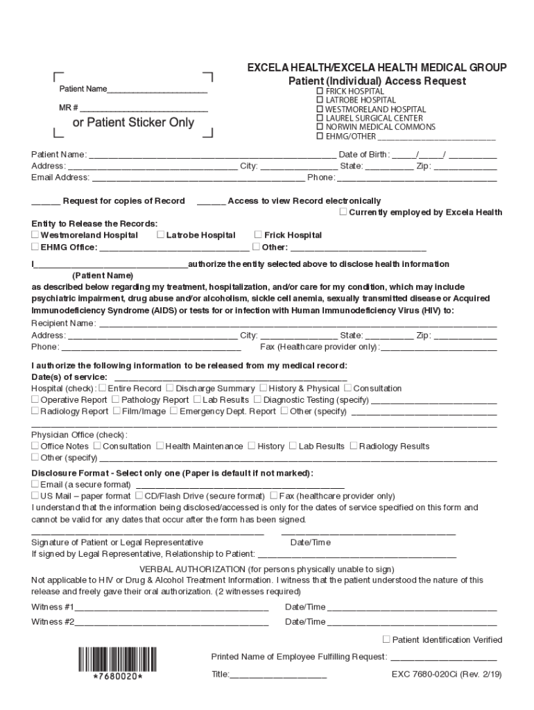 Fillable Online EXCELA HEALTH INFORMATION SHEET Fax Email Print - pdfFiller