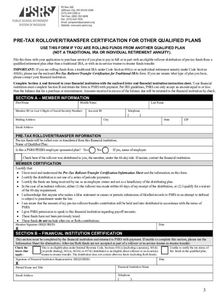 Fillable Online pre-tax rollover/transfer certification information ...