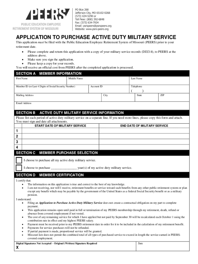 Fillable Online PEERS Active Duty Military Service Purchase Application ...