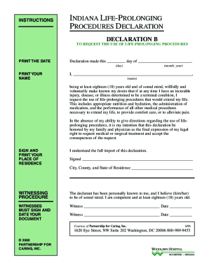 Fillable Online Free Indiana Life-Prolonging Procedures Form - PDF ...