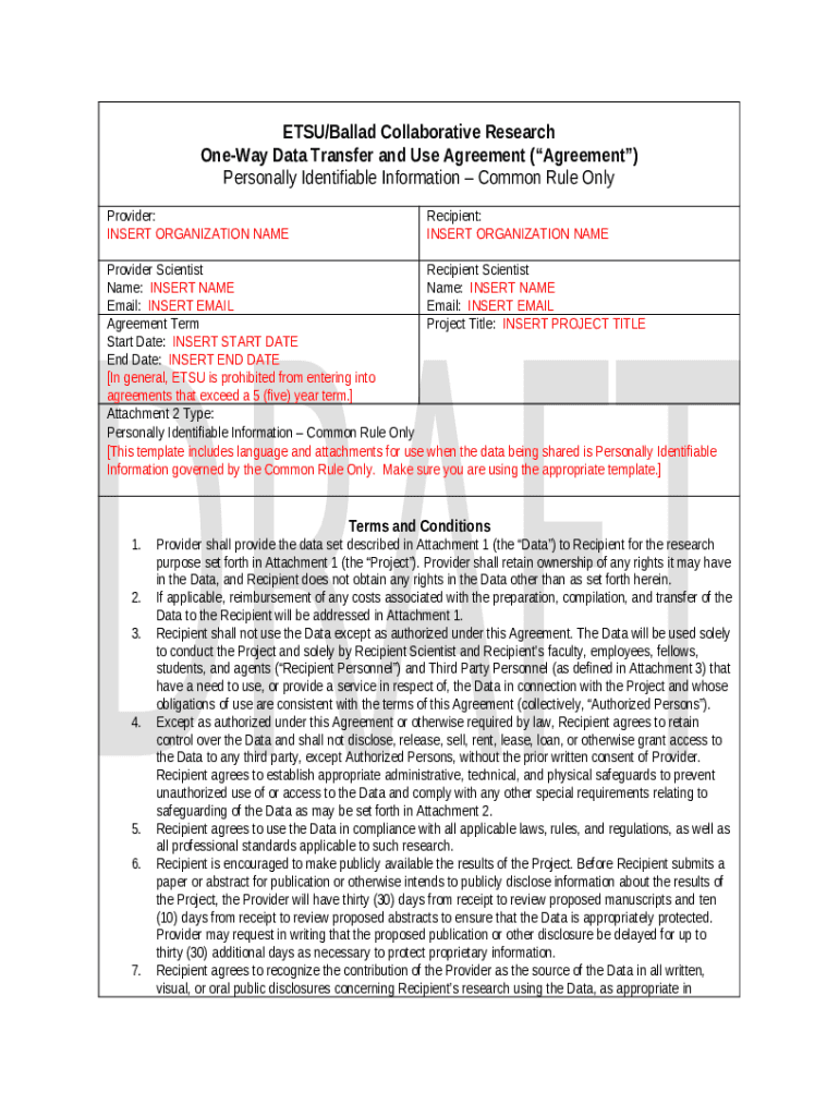 One-Way Data Use Agreement Personally Identifiable Ination Doc Template | pdfFiller