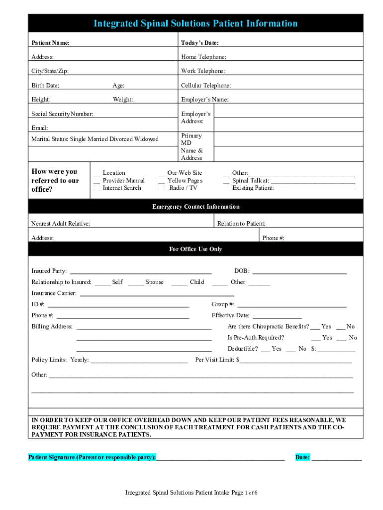 Fillable Online Integrated Spinal Solutions Patient Information Fax ...