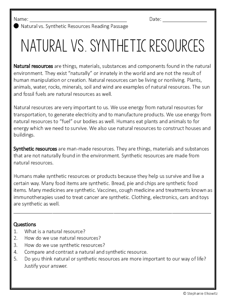 Fillable Online Natural vs. Synthetic Materials: Lesson for Kids Fax ...