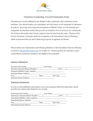 Fillable Online Volunteer Leadership Award Nomination Form Fax Email ...