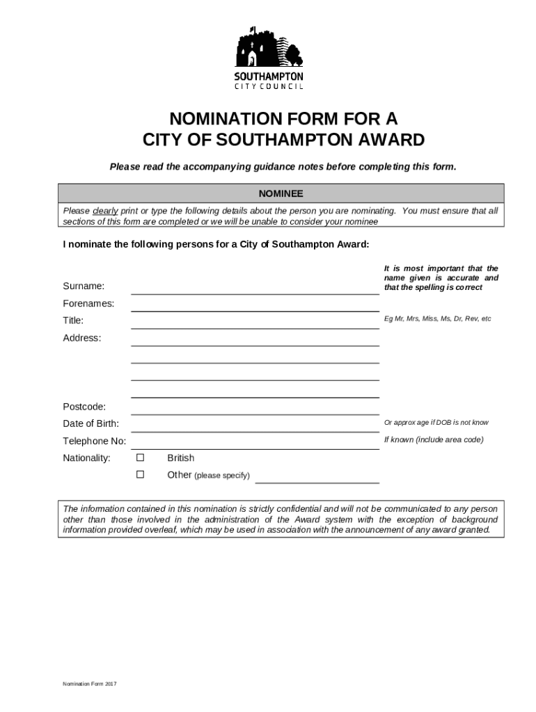 City of Southampton Award nomination Doc Template | pdfFiller