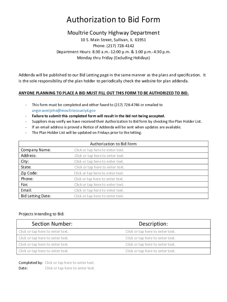 Fillable Online Authorization to Bid Form Fax Email Print - pdfFiller