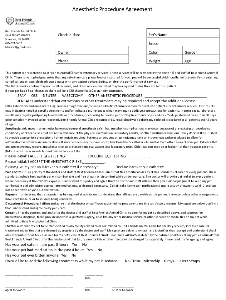 Fillable Online Anesthetic Procedure Agreement - Shawnee Fax Email Print - pdfFiller