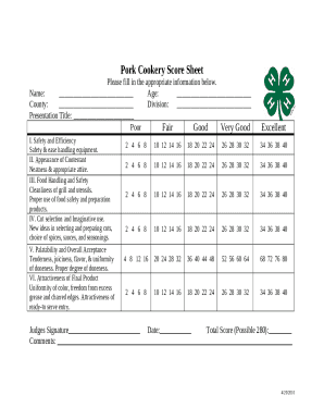 Pork Cookery Score Sheet - nc4h ces ncsu Doc Template | pdfFiller